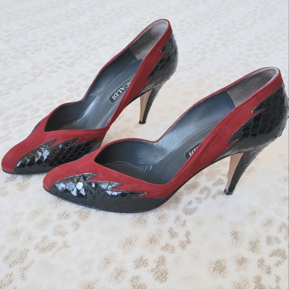 Red Snakeskin Pancaldi Heels Vintage 70s Black Patent… - Gem